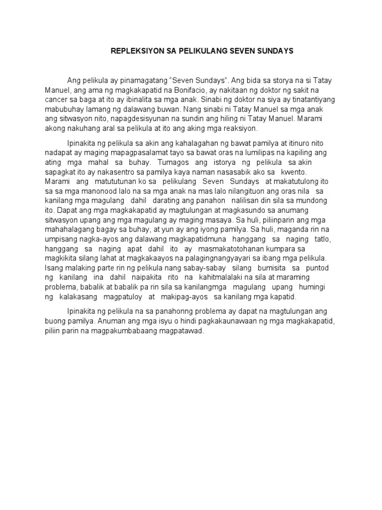 Repleksiyon Sa Pelikulang Seven Sundays | PDF