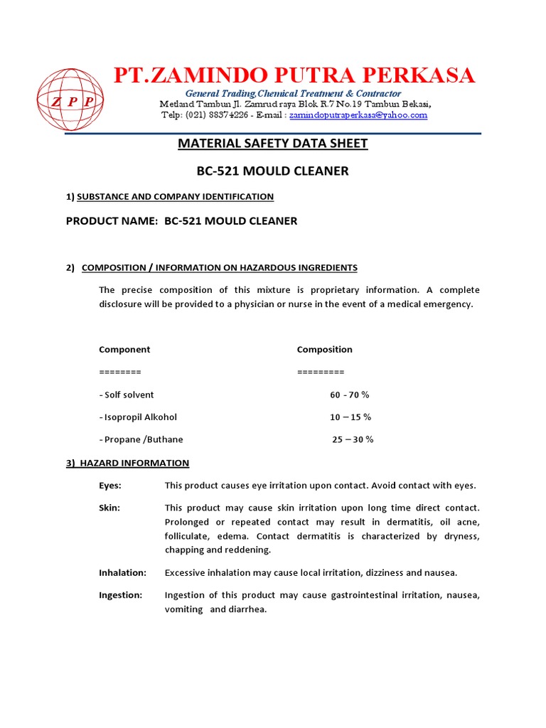 MSDS MOULD CLEANER (New) PDF | PDF | Water | Carbon Dioxide