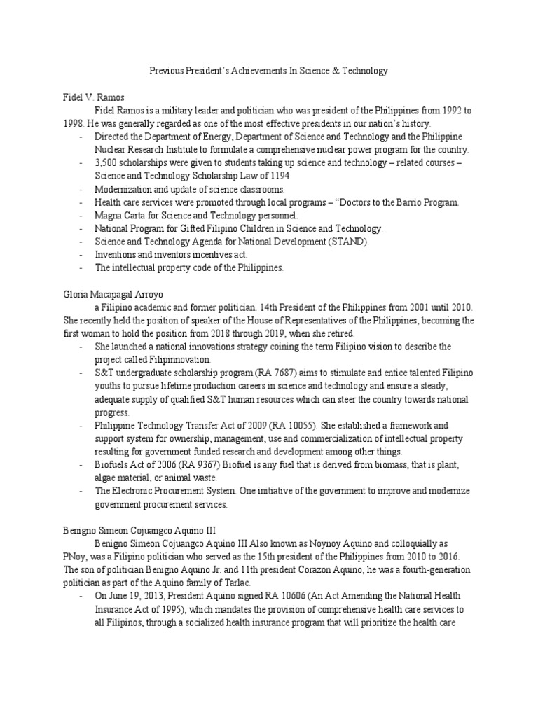 Previous Presidents Achievements in Science Technology | PDF | Benigno ...