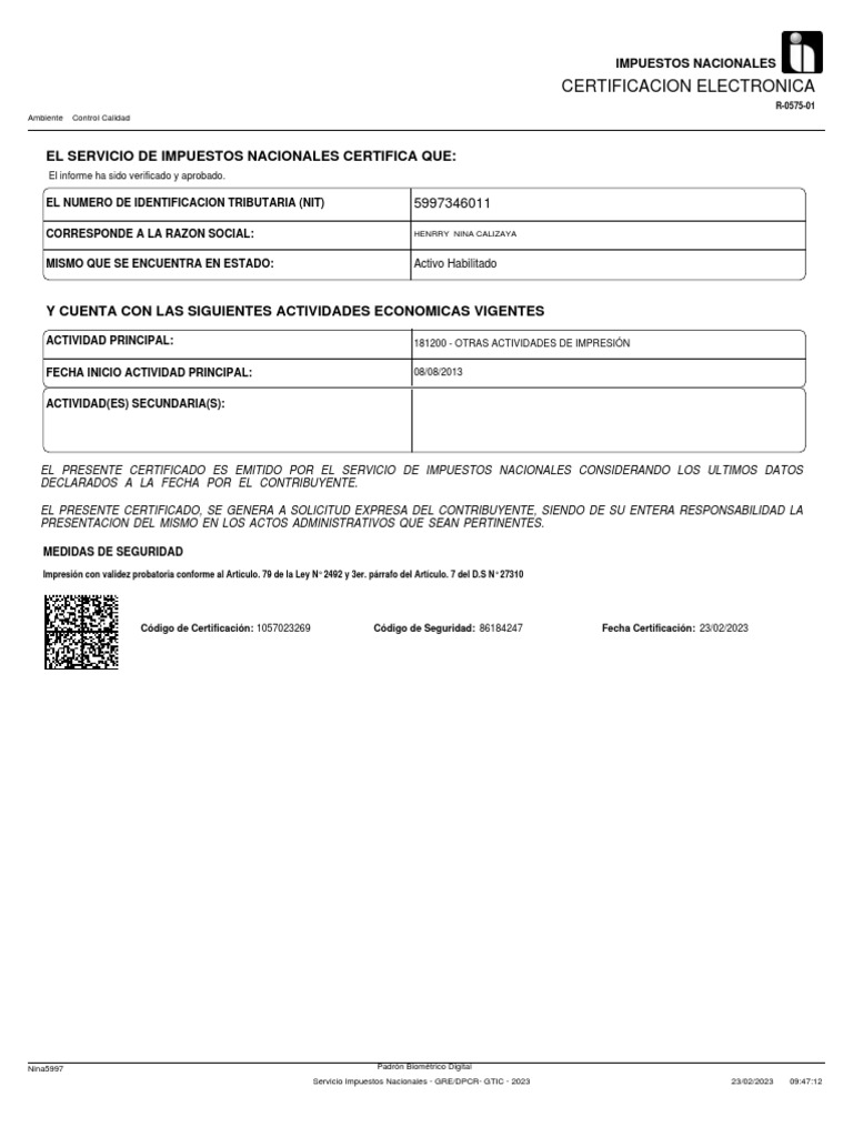 Certificado Electronico Nit | PDF