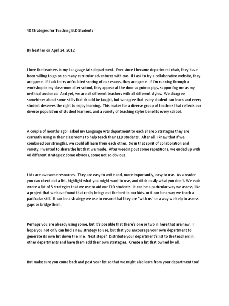 40 Effective Strategies for ELD Teaching | PDF | Reading Comprehension ...