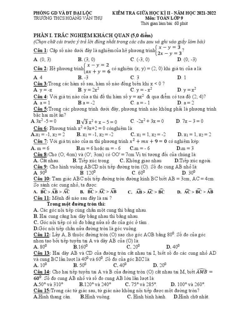 De Giua Ky 2 Toan 9 Nam 2021 2022 Truong Thcs Hoang Van Thu Quang Nam | PDF