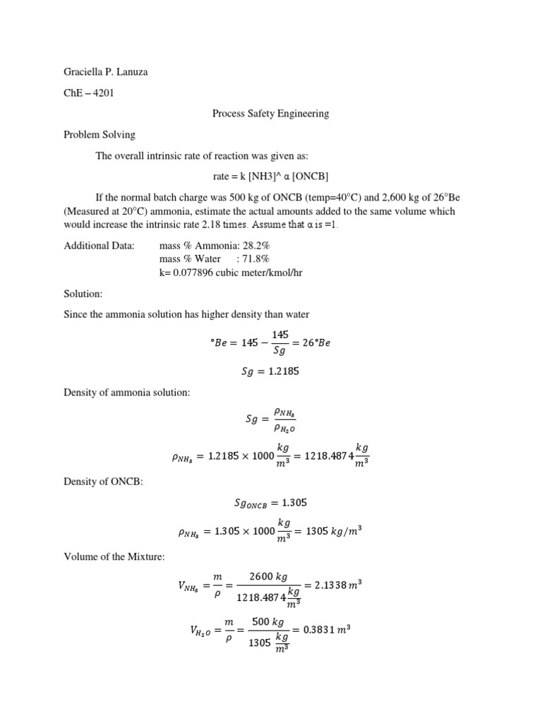 Process Safety Engineering Problem1 of Lecture 4 | PDF | Density | Ammonia