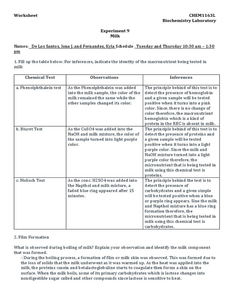 Worksheet - Experiment 9 Milk | PDF | Milk | Chemical Substances