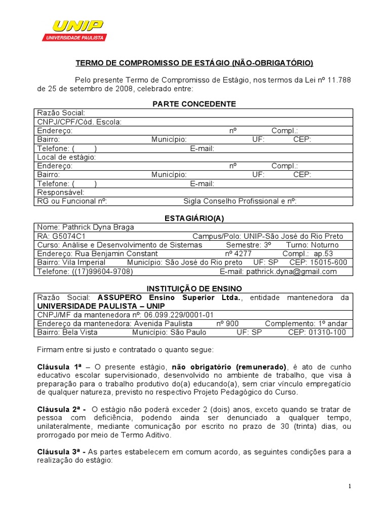 Nao Obrigatorio Termo de Compromisso de Estagio | PDF | Estágio ... Nao Obrigatorio Termo de Compromisso de Estagio | PDF | Estágio ...