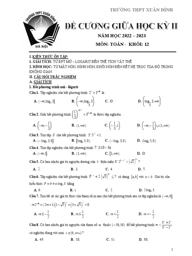 De Cuong Giua Ky 2 Toan 12 Nam 2022 2023 Truong THPT Xuan Dinh Ha Noi | PDF