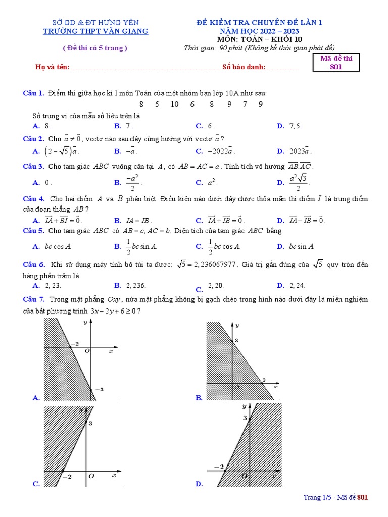 De Kiem Tra Toan 10 Lan 1 Nam 2022 2023 Truong THPT Van Giang Hung Yen | PDF