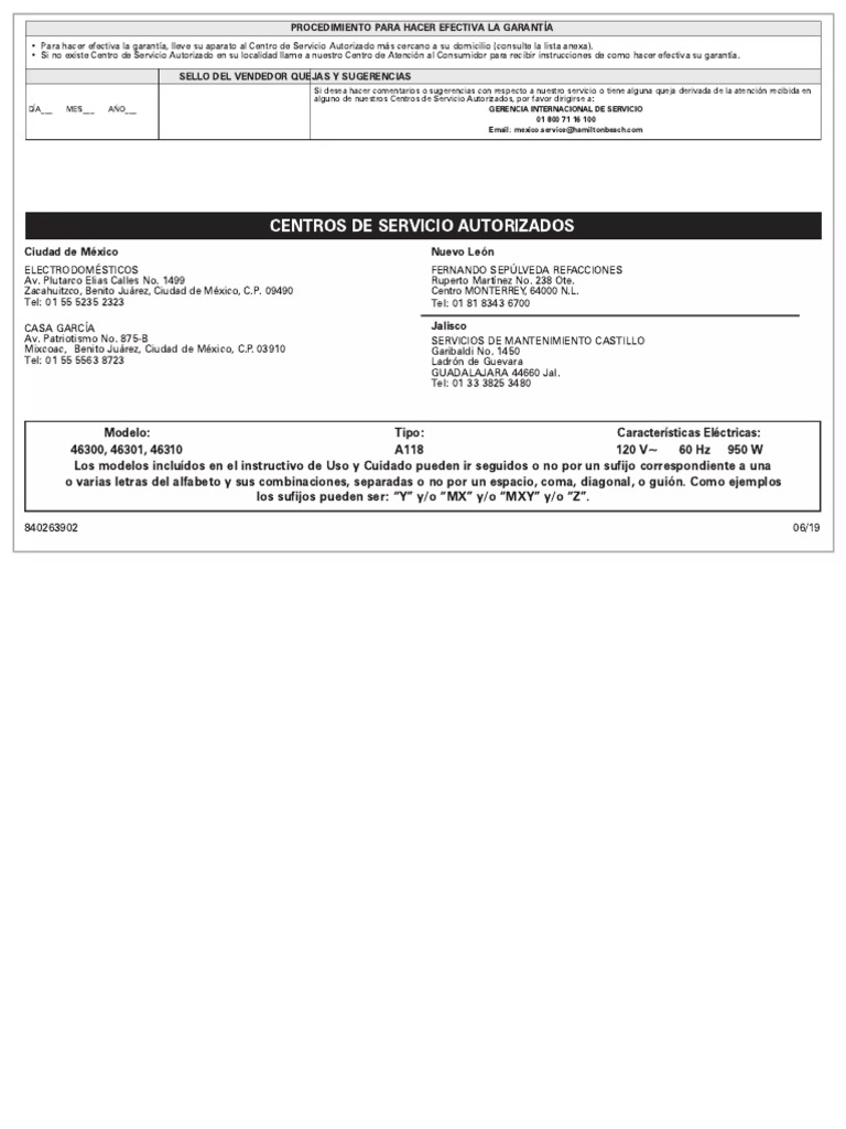 Manual de Usuario Hamilton Beach 46310 (Español - 36 Páginas) | PDF
