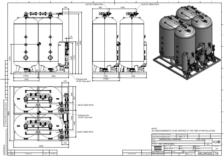Dimensional drawing of an industrial exhaust system with inlet and ...