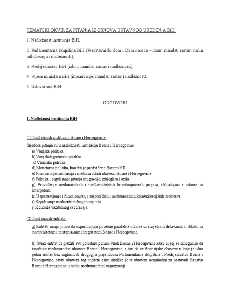 Odgovori Za Ustav BiH | PDF
