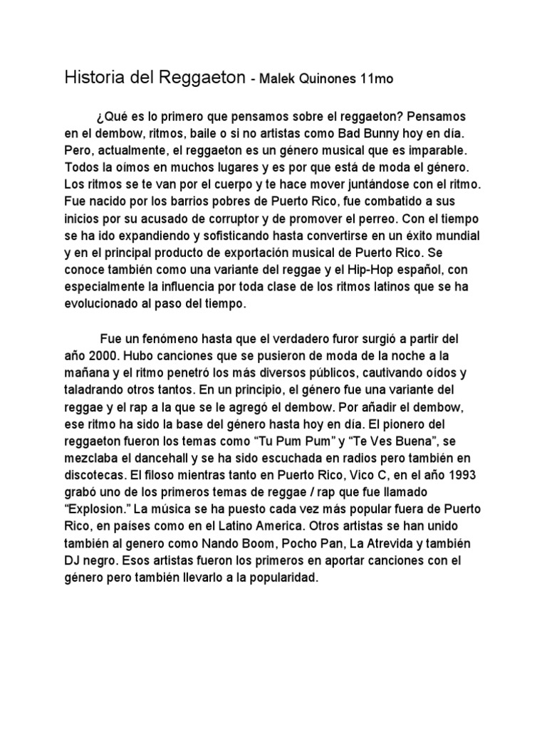 Historia Del Reggaeton - Malek Quinones | PDF | Subgéneros musicales ...