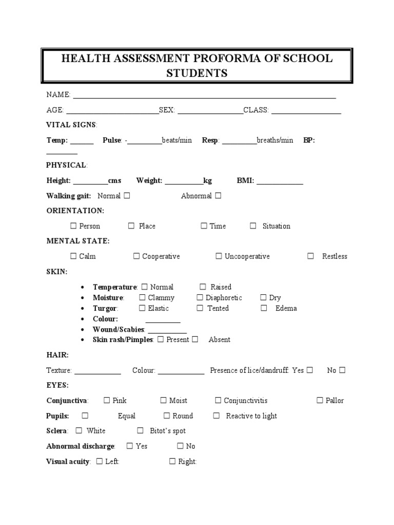 Health Assessment Proforma of School Students | PDF | Edema | Vein