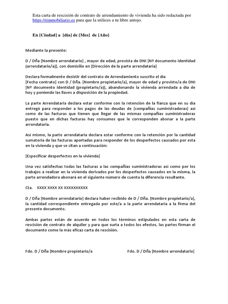 Modelo Carta Rescision Contrato Alquiler | PDF
