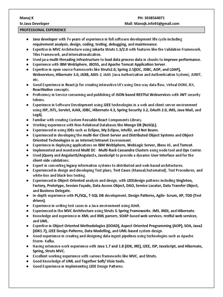 Manoj Resume | Download Free PDF | Spring Framework | Angular Js