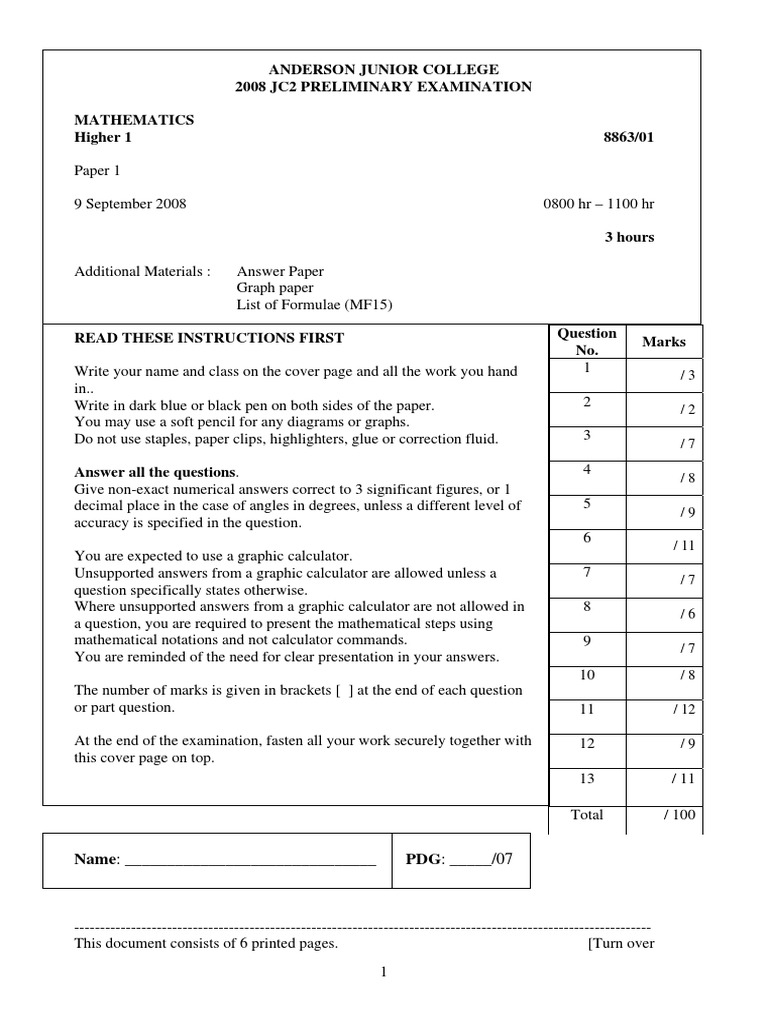 AJC - H1 Maths Prelim Paper 08 | PDF | Cartesian Coordinate System ...
