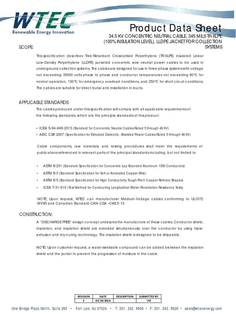 WTEC 35KV MV Cable LLDPE Rev S 20160226 | PDF | Electrical Conductor ...