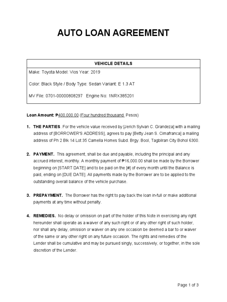 Auto Loan Agreement | PDF | Debt | Interest