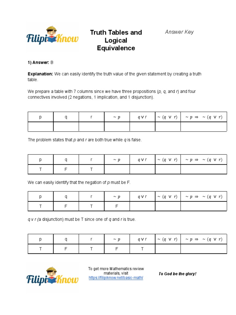 Truth Tables and Logical Equivalence Answer Key | PDF | Interpretation (Philosophy) | Truth