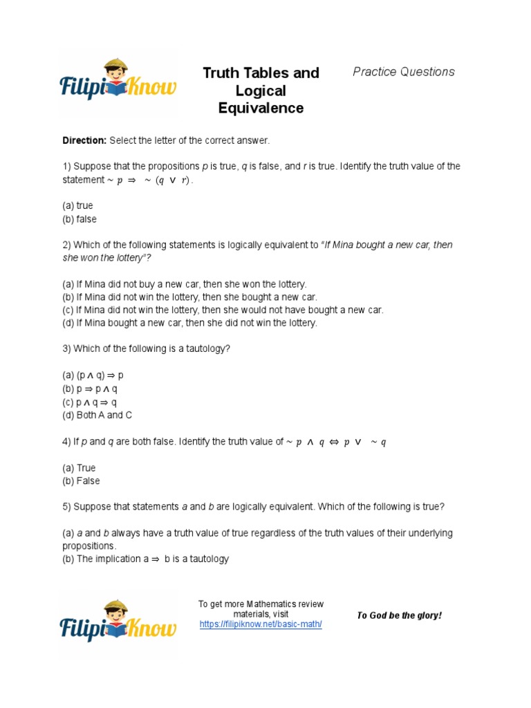Truth Tables & Logical Equivalence Quiz | PDF | Teaching Methods ...