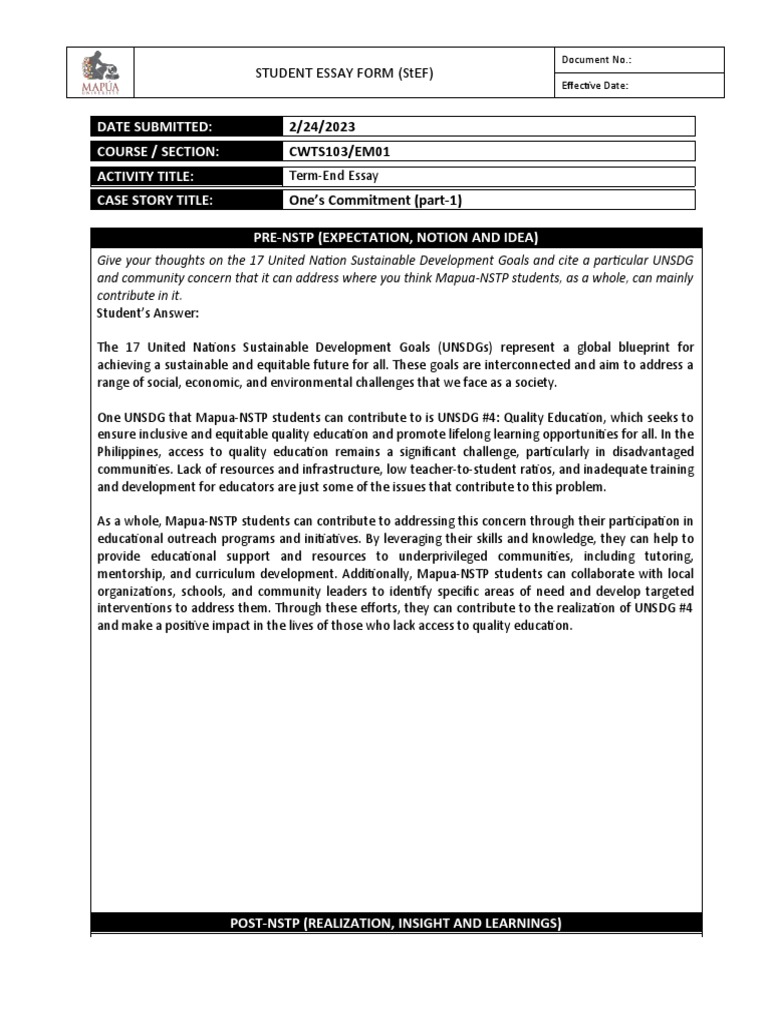 Mapua-NSTP Students and UNSDG #4 | PDF | Sustainability