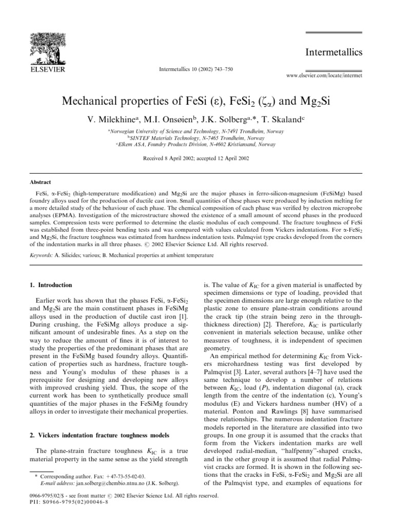 Mechanical Properties of FeSi (E), FeSi2 (Za) and Mg2Si | PDF ...