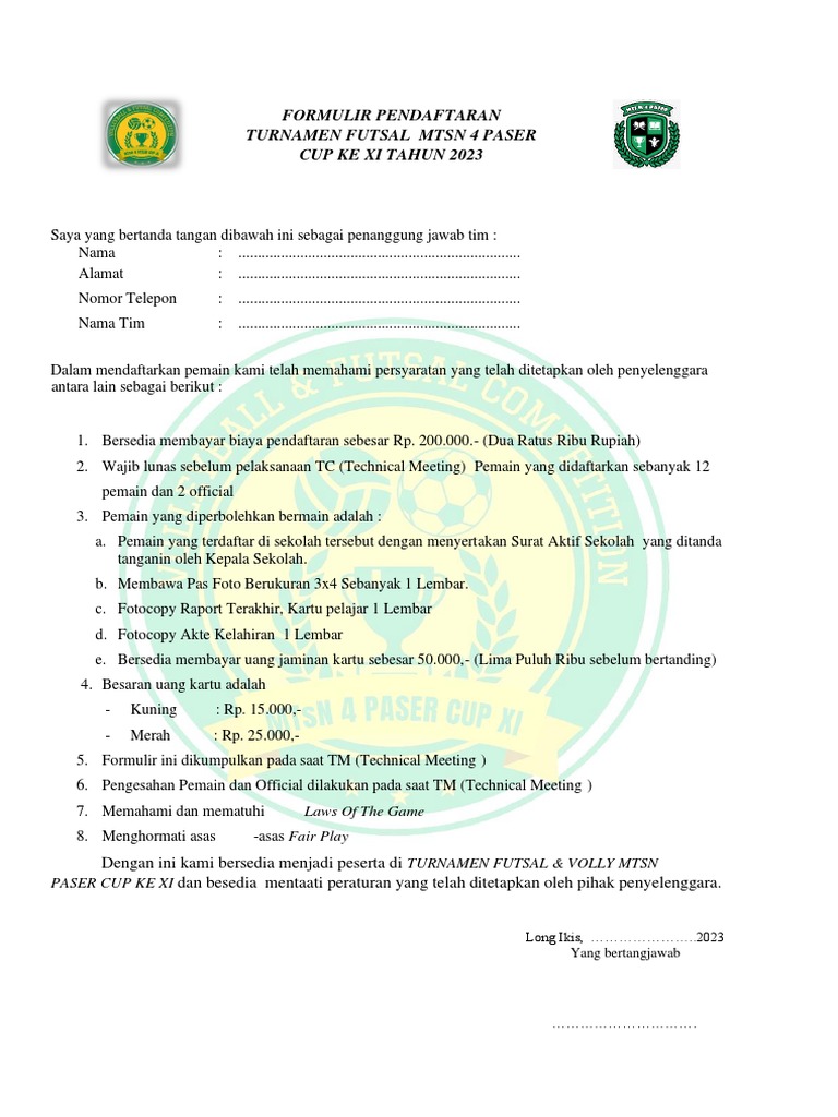 Formulir Futsal MTs N 4 Cup XI 2023 | PDF