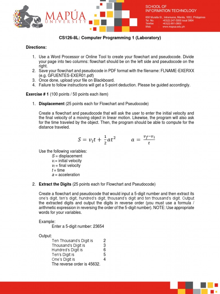 CS126 Lab: Flowchart & Pseudocode Tasks | PDF