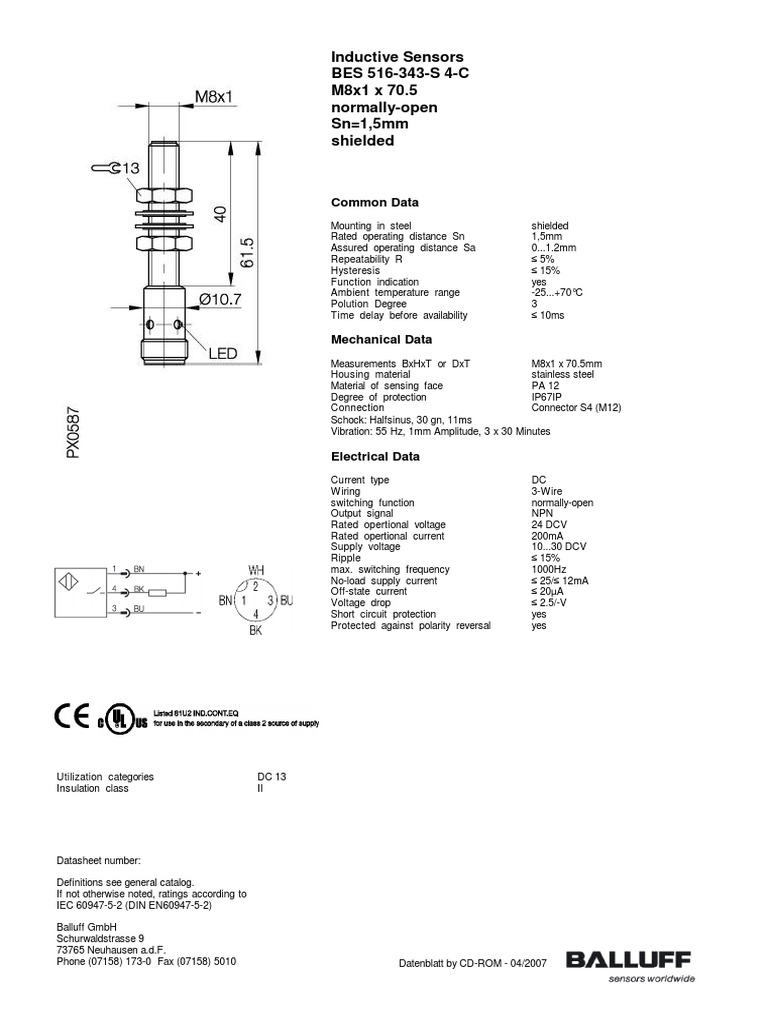 Inductive Sensors BES 516-343-S 4-C M8x1 X 70.5 Normally-Open SN 1,5mm ...