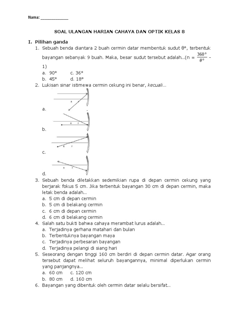 SOAL ULANGAN HARIAN CAHAYA DAN OPTIK KELAS 8 | PDF