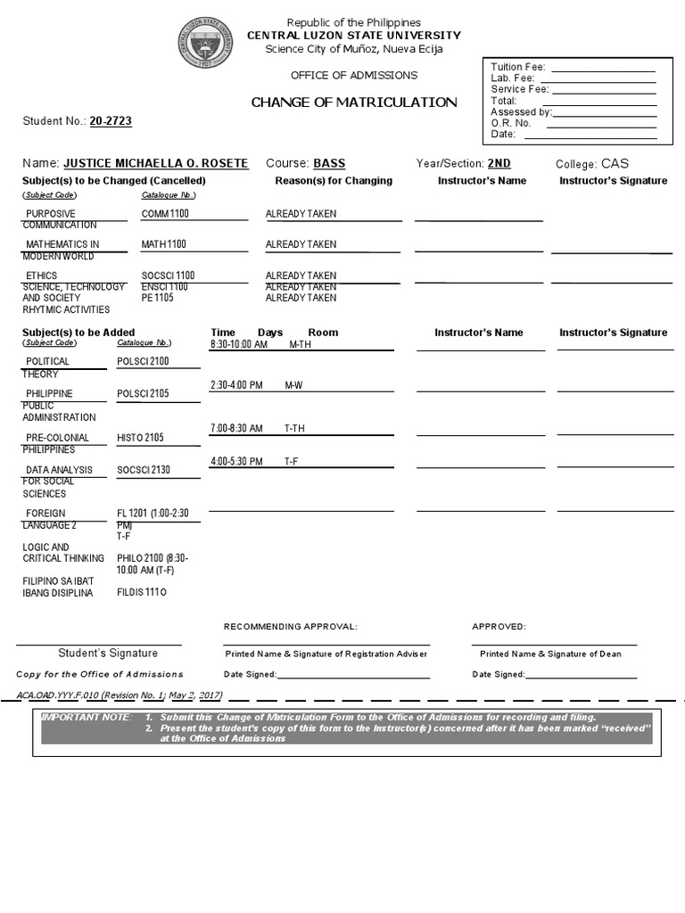 Change of Matriculation (Changing-Adding Form) | PDF | Science