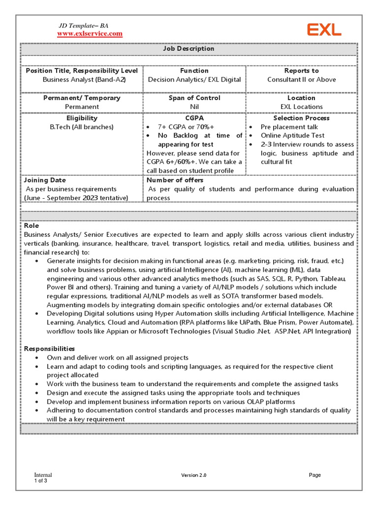 2023 - EXL Campus BA Role - Analytics Digital - JD - 3.4 | PDF | Analytics | Artificial Intelligence