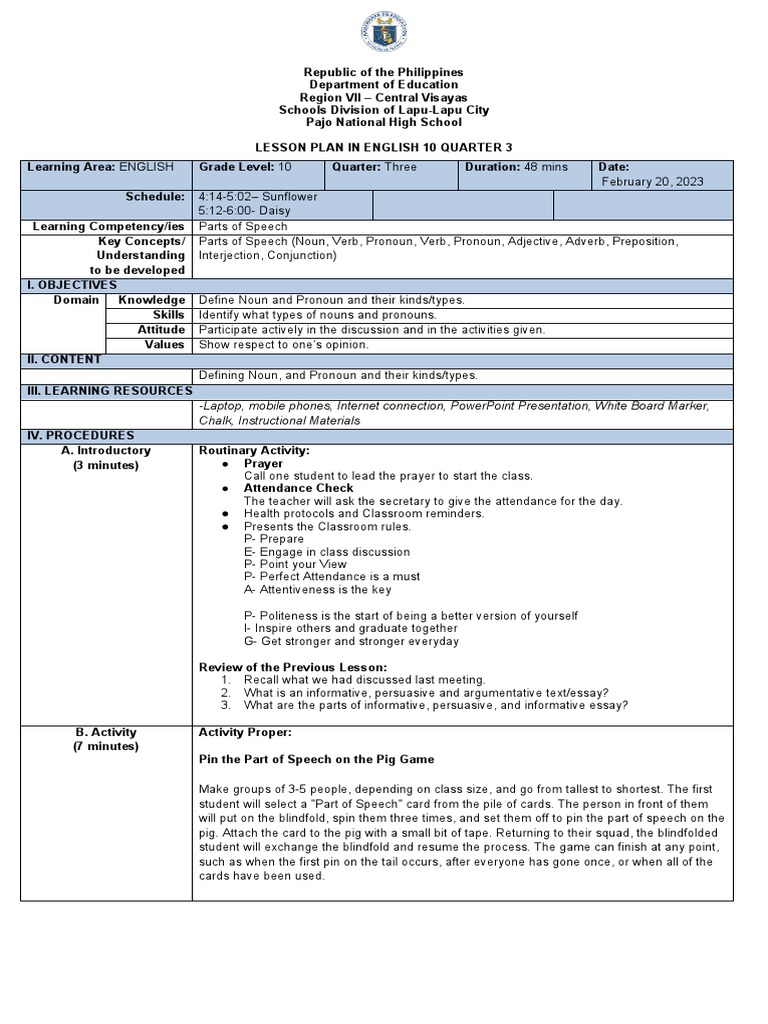Daily Lesson Plan (02!20!2023) - Canete (Corrected) | PDF | Grammatical Gender | Pronoun