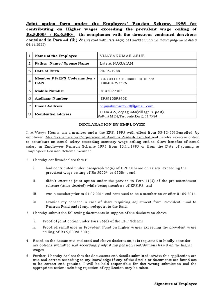 Joint Option Form For Eps | PDF | Employment | Pension