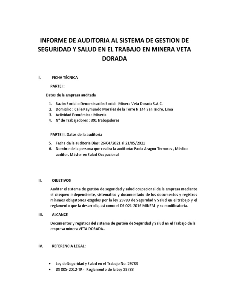 Informe de Auditoria Del SGSST Veta Dorada 1 | PDF | Seguridad y salud ... Informe de Auditoria Del SGSST Veta Dorada 1 | PDF | Seguridad y salud ...