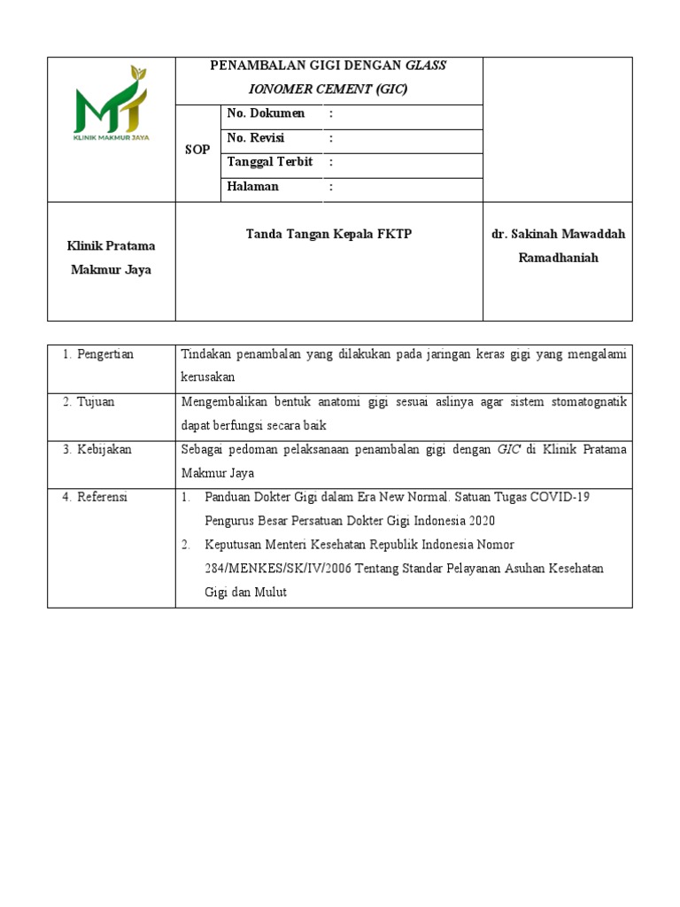 SOP Nadya - Penambalan Gigi Dengan GIC | PDF