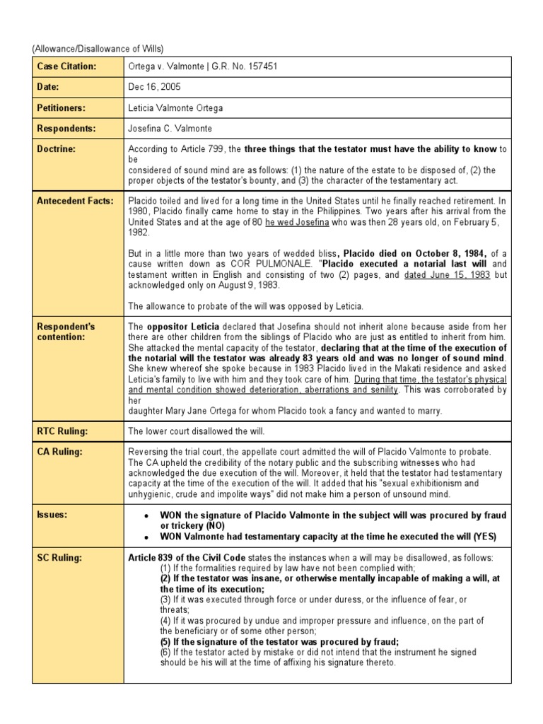 Ortega v. Valmonte (Digest) | PDF | Will And Testament | Private Law