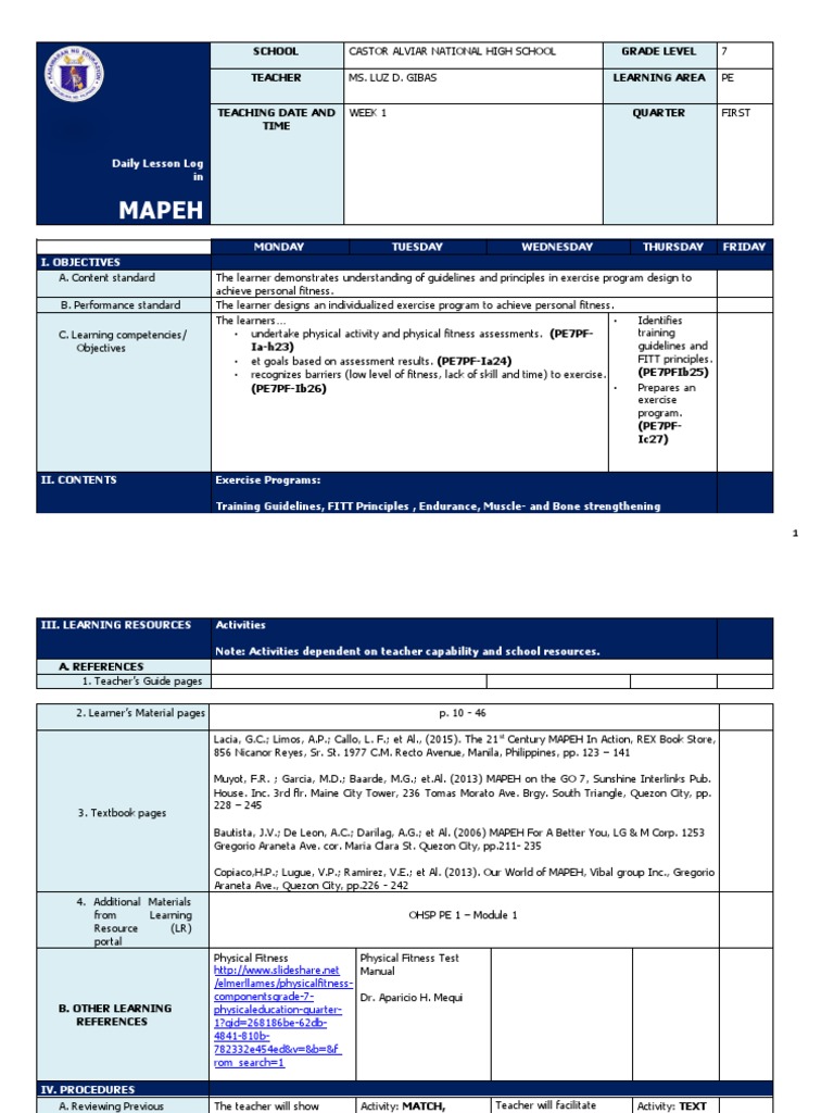 Q1 Grade 7 PE DLL Week 1 | PDF | Physical Fitness | Rubric (Academic)