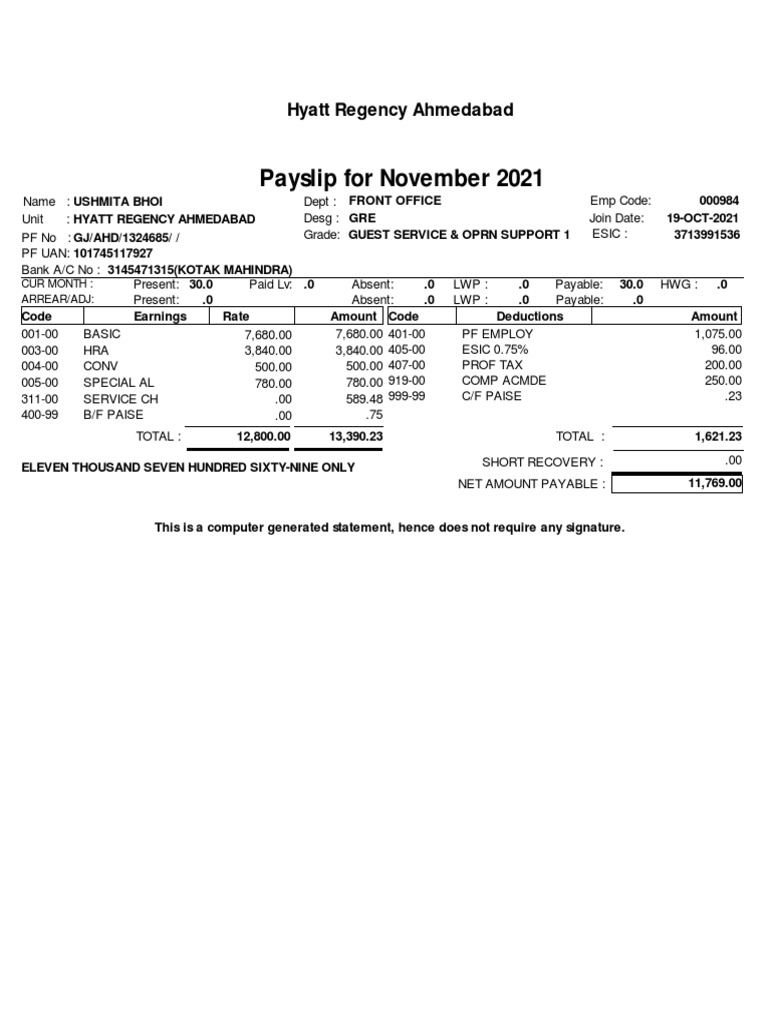 Hra 121000984 Payslip 2021-11 Ushmita Bhoi | PDF