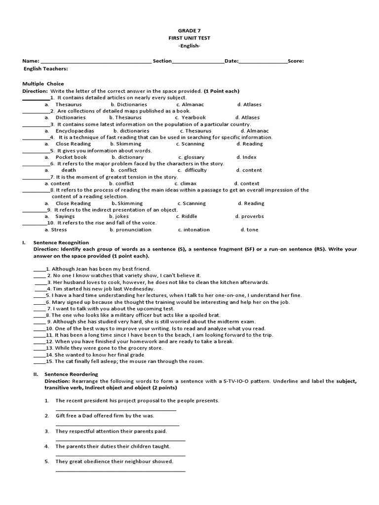 1ST Unit Test Grade 7 English PDF Dictionary Speed Reading