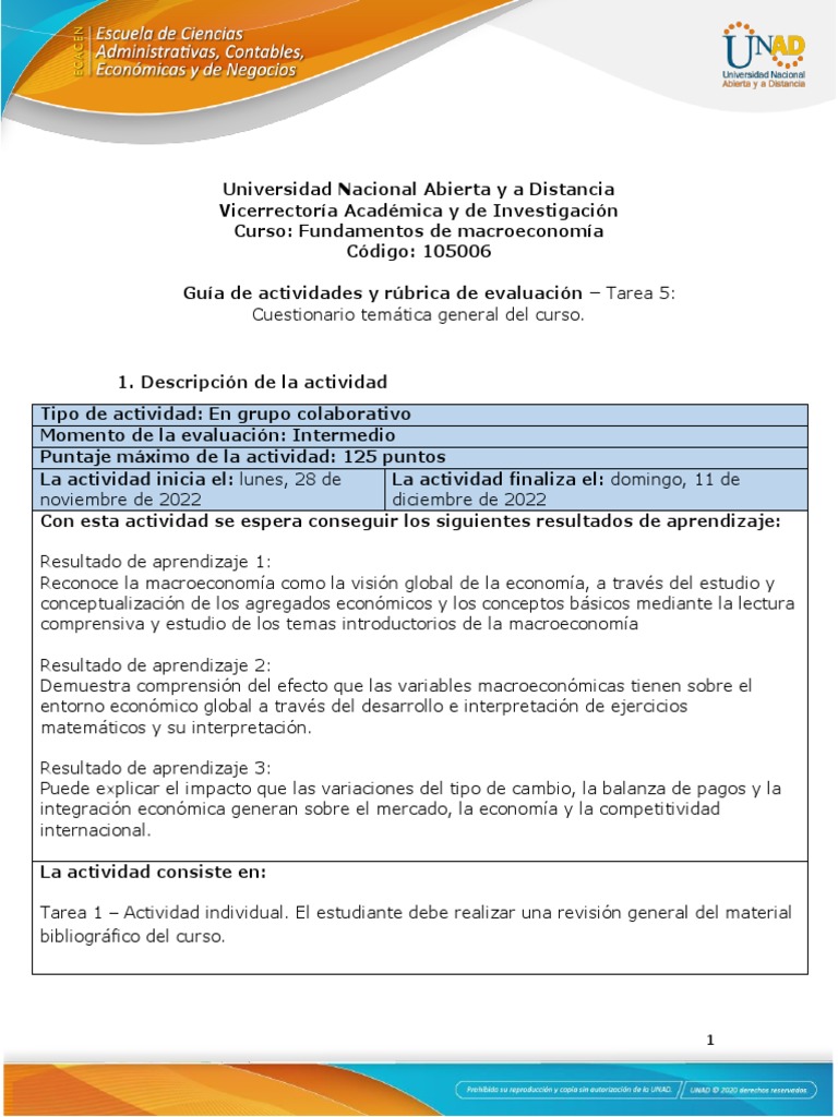 Guía de Actividades y Rúbrica de Evaluación - Tarea 5 - Cuestionario Temática General Del Curso ...