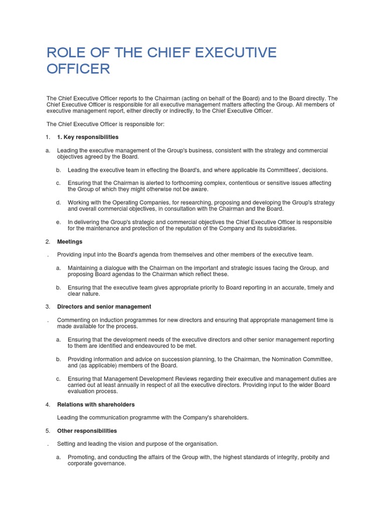 Role of The Chief Executive Officer | PDF | Chief Executive Officer | Board Of Directors