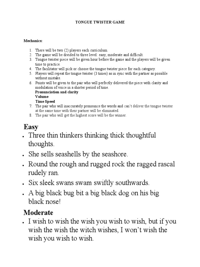 TONGUE TWISTER GAME Criteria and Mechanics | PDF | Linguistics | Languages
