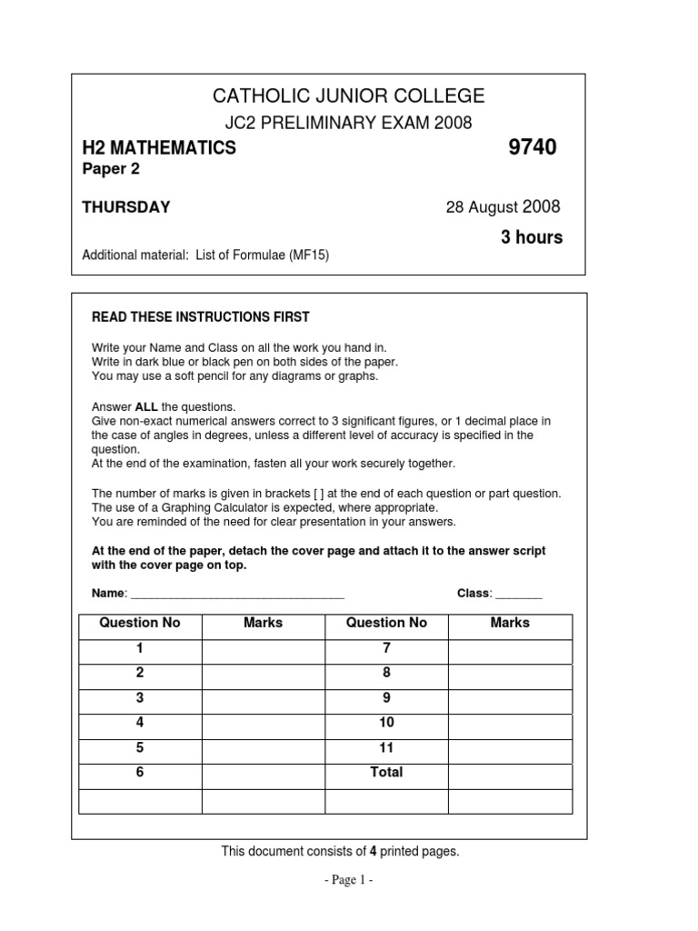 CJC - Maths 2008 JC2 H2 Prelim Paper 2 (Question) | PDF | Linear Regression | Statistical ...
