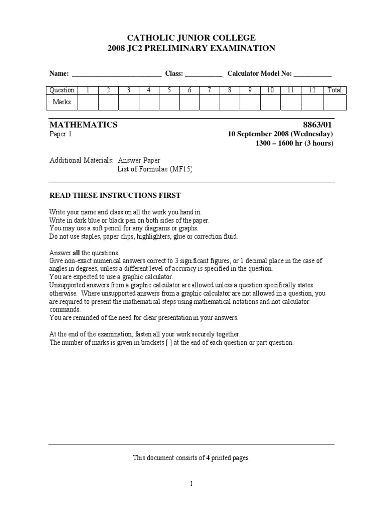 CJC - Maths 2008 JC2 H1 Prelim Exam | PDF | Normal Distribution | Mean