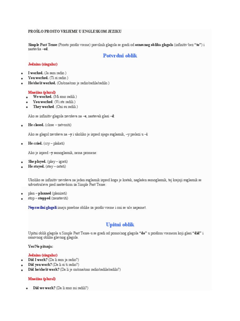 Prošlo Prosto Vrijeme U Engleskom Jeziku | PDF