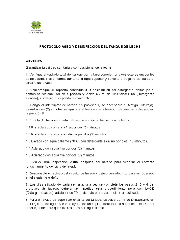 Protocolo Aseo y Desinfección Del Tanque de Leche y Cantinas | PDF | Tanques | Agua