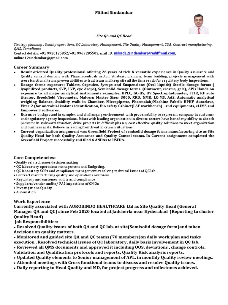 CV Site QA and QC Head | PDF | Audit | Quality Management System