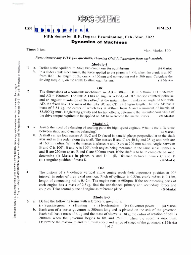 18ME53 Dynamics Exam Questions | PDF | Damping | Torque