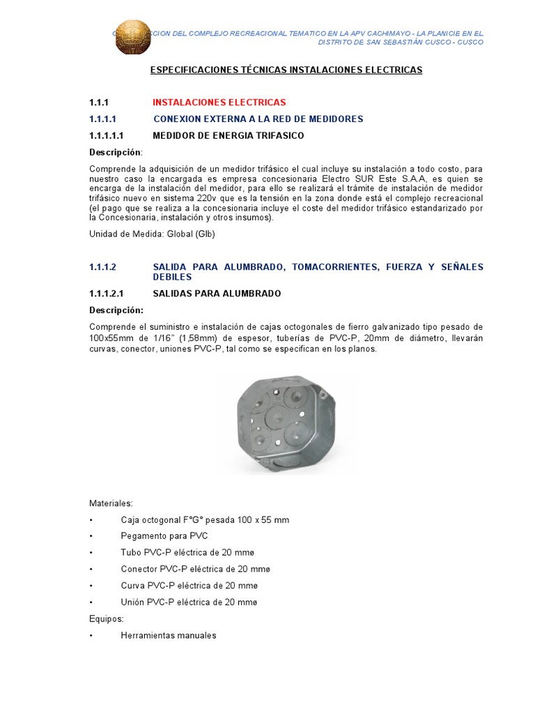 Especificaciones Técnicas Electricas | PDF | Tubería (transporte de fluidos) | Presupuesto