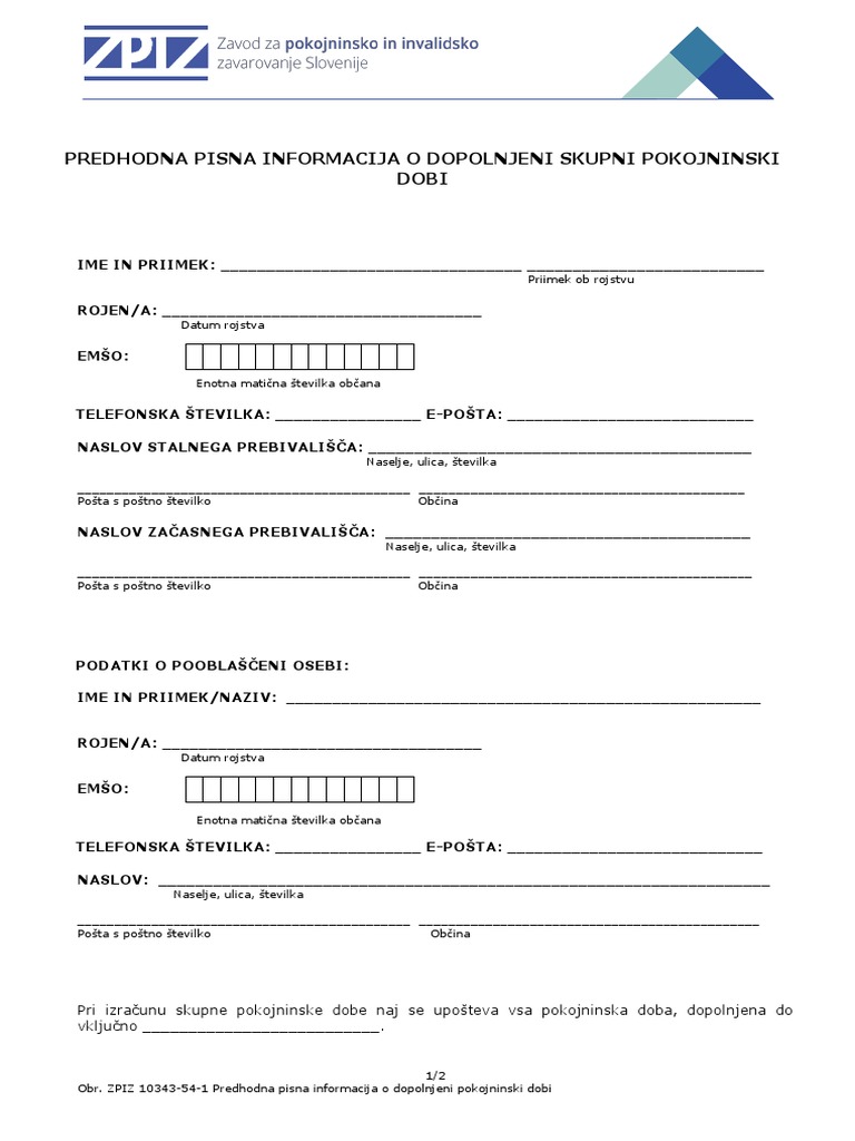 Predhodna Pisna Informacija o Dopolnjeni Skupni Pokojninski Dobi Obr. ZPIZ 10343-54-1 | PDF